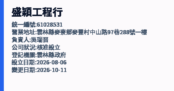 盛穎工程行的照片-統編 61028531(雲林縣) 公司登記資料與營業項目詳細圖表