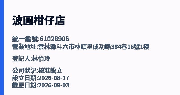 波圓柑仔店的照片-統編 61028906(雲林縣) 公司登記資料與營業項目詳細圖表