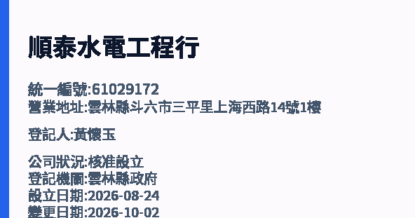 順泰水電工程行的照片-統編 61029172(雲林縣) 公司登記資料與營業項目詳細圖表