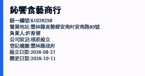鈊饗食藝商行的照片-統編 61029258(雲林縣) 公司登記資料與營業項目詳細圖表
