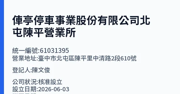 俥亭停車事業股份有限公司北屯陳平營業所的照片-統編 61031395(臺中市) 公司登記資料與營業項目詳細圖表