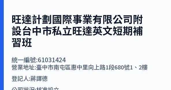旺達計劃國際事業有限公司附設台中市私立旺達英文短期補習班的照片-統編 61031424(臺中市) 公司登記資料與營業項目詳細圖表