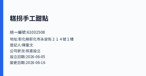 糕拐手工甜點的照片-統編 61032508(彰化縣) 公司登記資料與營業項目詳細圖表