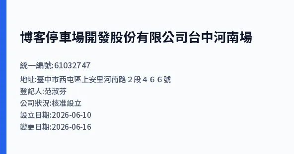 博客停車場開發股份有限公司台中河南場的照片-統編 61032747(臺中市) 公司登記資料與營業項目詳細圖表