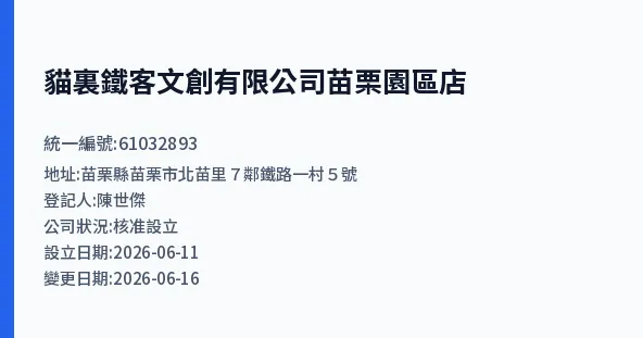 貓裏鐵客文創有限公司苗栗園區店的照片-統編 61032893(苗栗縣) 公司登記資料與營業項目詳細圖表