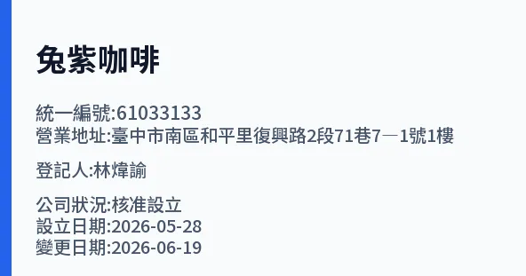 兔紫咖啡的照片-統編 61033133(臺中市) 公司登記資料與營業項目詳細圖表