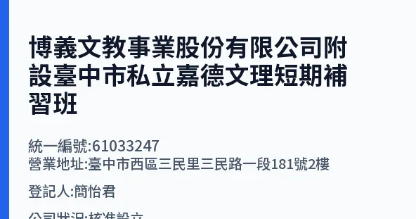 博義文教事業股份有限公司附設臺中市私立嘉德文理短期補習班的照片-統編 61033247(臺中市) 公司登記資料與營業項目詳細圖表