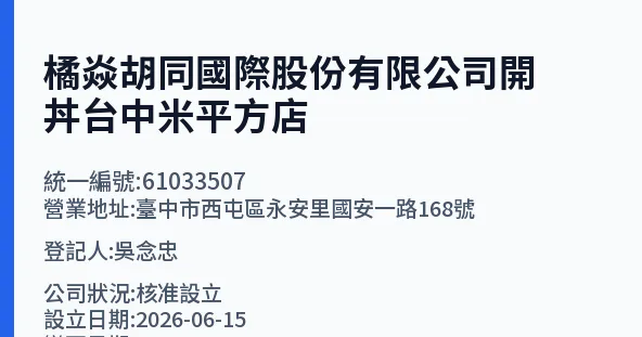 橘焱胡同國際股份有限公司開丼台中米平方店的照片-統編 61033507(臺中市) 公司登記資料與營業項目詳細圖表