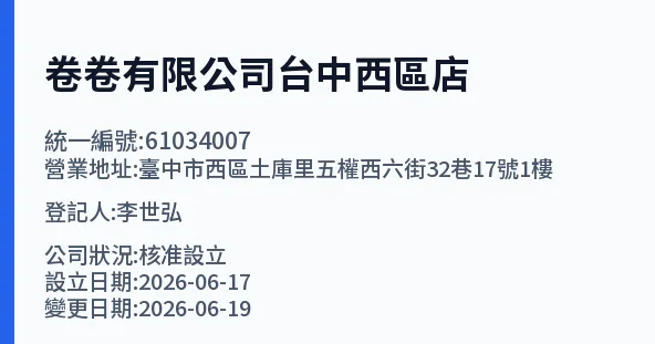 卷卷有限公司台中西區店的照片-統編 61034007(臺中市) 公司登記資料與營業項目詳細圖表