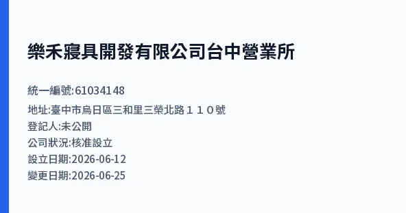 樂禾寢具開發有限公司台中營業所的照片-統編 61034148(臺中市) 公司登記資料與營業項目詳細圖表