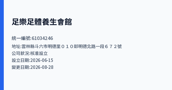 足樂足體養生會館的照片-統編 61034246 公司登記資料與營業項目詳細圖表