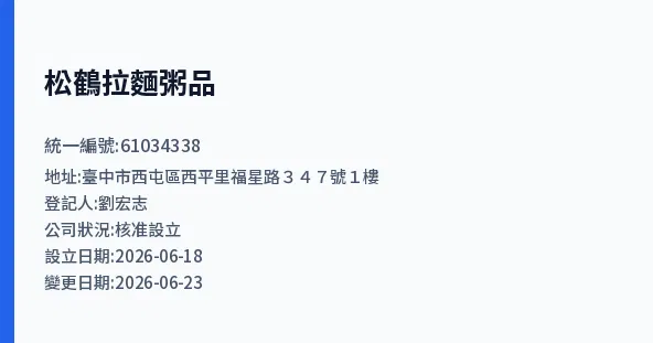 松鶴拉麵粥品的照片-統編 61034338(臺中市) 公司登記資料與營業項目詳細圖表
