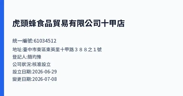 虎頭蜂食品貿易有限公司十甲店的照片-統編 61034512(臺中市) 公司登記資料與營業項目詳細圖表