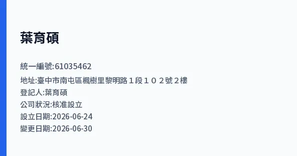 葉育碩的照片-統編 61035462(臺中市) 公司登記資料與營業項目詳細圖表