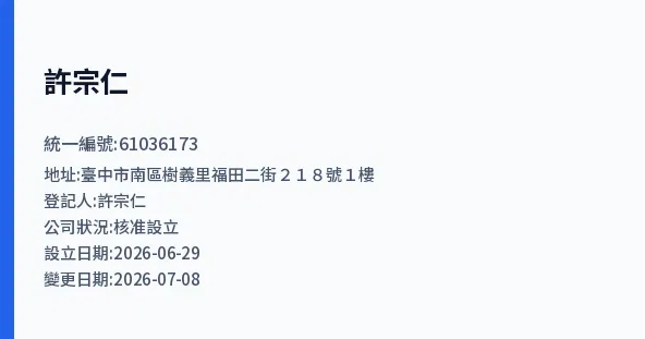 許宗仁的照片-統編 61036173(臺中市) 公司登記資料與營業項目詳細圖表