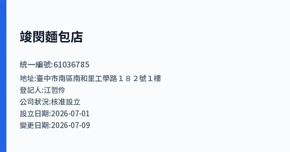 竣閔麵包店的照片-統編 61036785(臺中市) 公司登記資料與營業項目詳細圖表