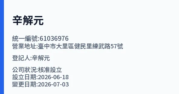 辛解元的照片-統編 61036976(臺中市) 公司登記資料與營業項目詳細圖表
