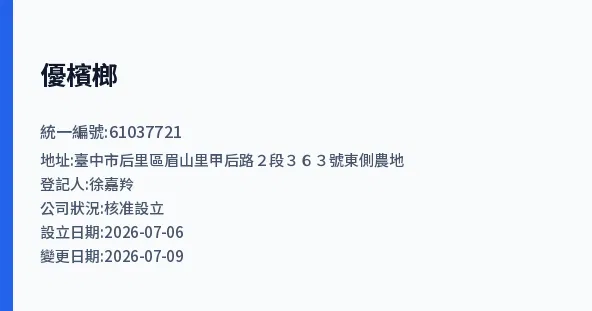 優檳榔的照片-統編 61037721(臺中市) 公司登記資料與營業項目詳細圖表
