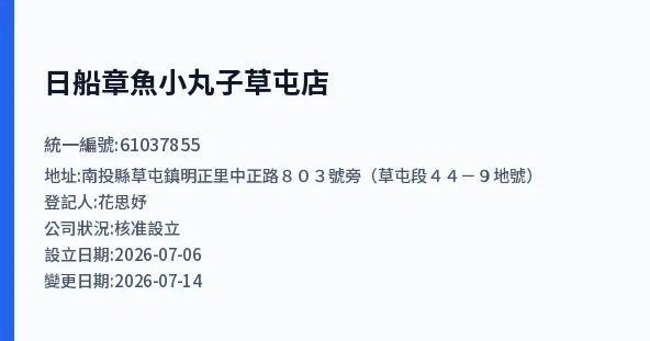 日船章魚小丸子草屯店的照片-統編 61037855(南投縣) 公司登記資料與營業項目詳細圖表