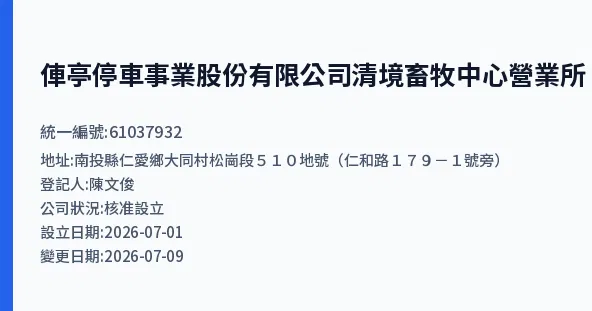 俥亭停車事業股份有限公司清境畜牧中心營業所的照片-統編 61037932(南投縣) 公司登記資料與營業項目詳細圖表