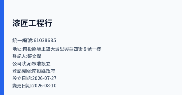 漆匠工程行的照片-統編 61038685(南投縣) 公司登記資料與營業項目詳細圖表