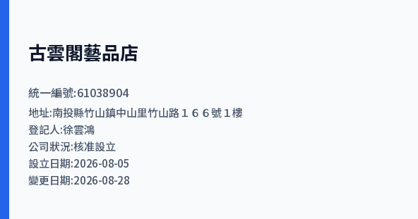 古雲閣藝品店的照片-統編 61038904(南投縣) 公司登記資料與營業項目詳細圖表