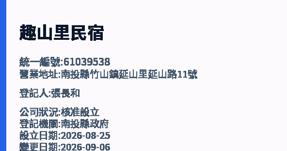 趣山里民宿的照片-統編 61039538(南投縣) 公司登記資料與營業項目詳細圖表