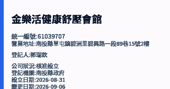 金樂活健康舒壓會館的照片-統編 61039707(南投縣) 公司登記資料與營業項目詳細圖表