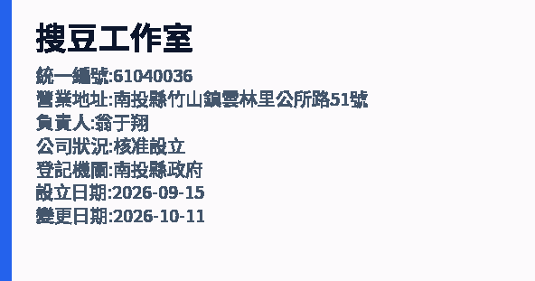 搜豆工作室的照片-統編 61040036(南投縣) 公司登記資料與營業項目詳細圖表