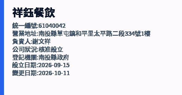 祥鈺餐飲的照片-統編 61040042(南投縣) 公司登記資料與營業項目詳細圖表