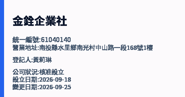 金銓企業社的照片-統編 61040140(南投縣) 公司登記資料與營業項目詳細圖表