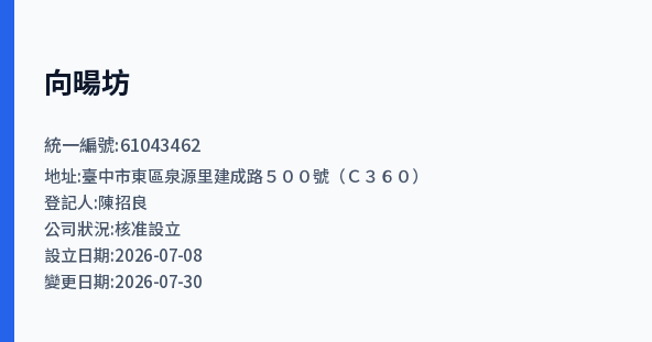 向暘坊的照片-統編 61043462(臺中市) 公司登記資料與營業項目詳細圖表