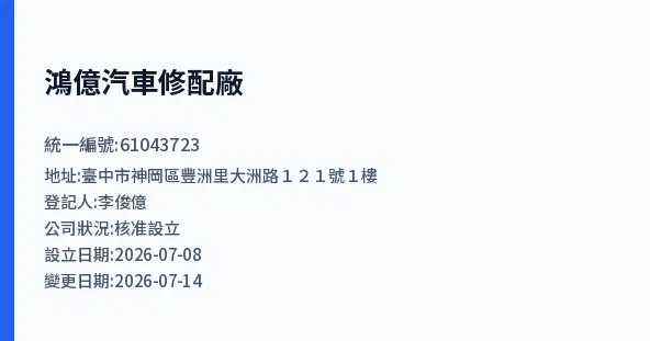 鴻億汽車修配廠的照片-統編 61043723(臺中市) 公司登記資料與營業項目詳細圖表