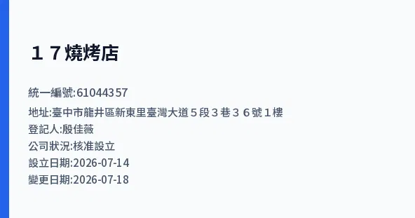 17燒烤店的照片-統編 61044357(臺中市) 公司登記資料與營業項目詳細圖表