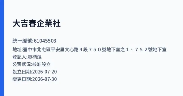 大吉春企業社的照片-統編 61045503(臺中市) 公司登記資料與營業項目詳細圖表