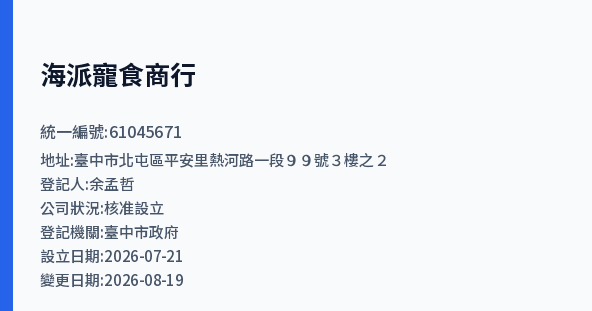海派寵食商行的照片-統編 61045671(臺中市) 公司登記資料與營業項目詳細圖表