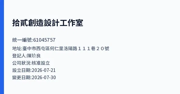 拾貳創造設計工作室的照片-統編 61045757(臺中市) 公司登記資料與營業項目詳細圖表