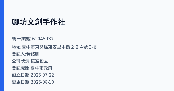 卿坊文創手作社的照片-統編 61045932(臺中市) 公司登記資料與營業項目詳細圖表