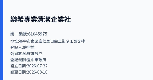 樂希專業清潔企業社的照片-統編 61045975(臺中市) 公司登記資料與營業項目詳細圖表