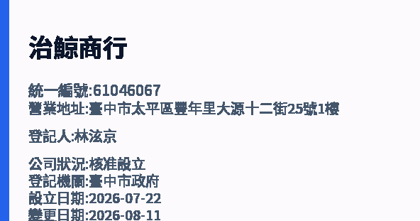 治鯨商行的照片-統編 61046067(臺中市) 公司登記資料與營業項目詳細圖表