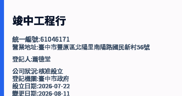 竣中工程行的照片-統編 61046171(臺中市) 公司登記資料與營業項目詳細圖表