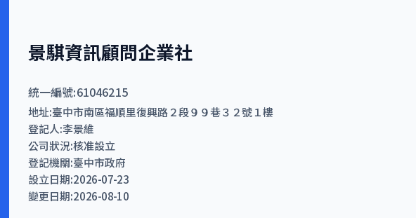 景騏資訊顧問企業社的照片-統編 61046215(臺中市) 公司登記資料與營業項目詳細圖表