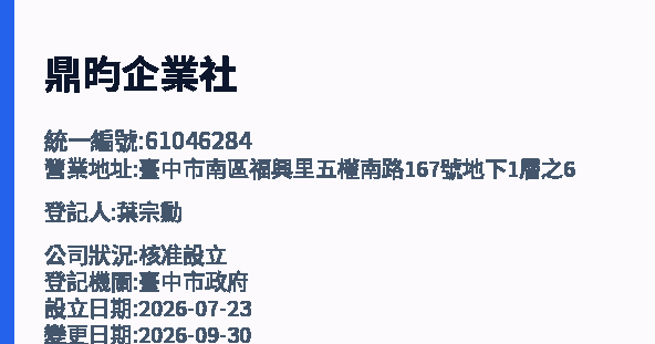 鼎昀企業社的照片-統編 61046284(臺中市) 公司登記資料與營業項目詳細圖表