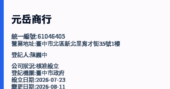 元岳商行的照片-統編 61046405(臺中市) 公司登記資料與營業項目詳細圖表