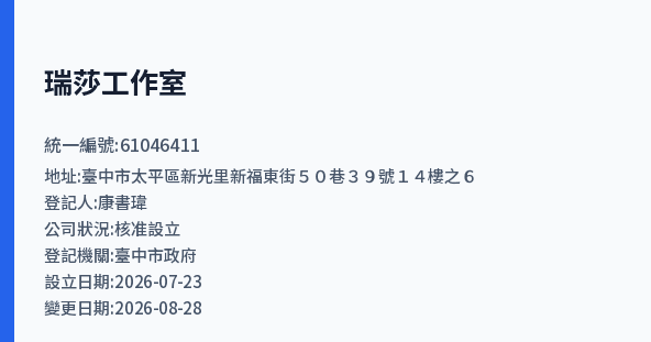 瑞莎工作室的照片-統編 61046411(臺中市) 公司登記資料與營業項目詳細圖表