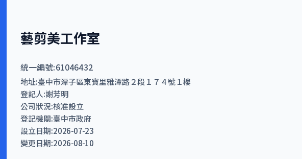 藝剪美工作室的照片-統編 61046432(臺中市) 公司登記資料與營業項目詳細圖表