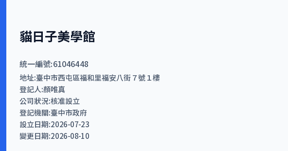 貓日子美學館的照片-統編 61046448(臺中市) 公司登記資料與營業項目詳細圖表