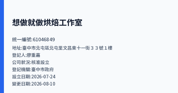 想做就做烘焙工作室的照片-統編 61046849(臺中市) 公司登記資料與營業項目詳細圖表