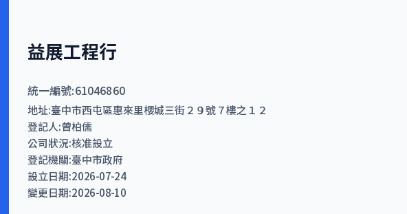 益展工程行的照片-統編 61046860(臺中市) 公司登記資料與營業項目詳細圖表