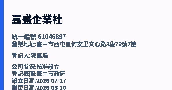 嘉盛企業社的照片-統編 61046897(臺中市) 公司登記資料與營業項目詳細圖表